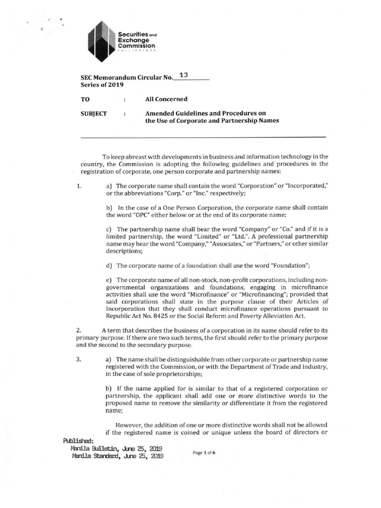 SEC Memorandum Circular No. 13, Series of 2019 | PDF