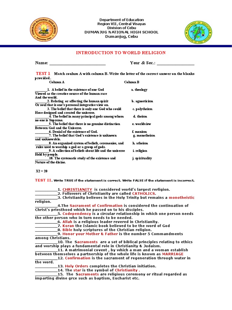 2019-2020 Test Papers Intro To World Religion | PDF | God | Monotheism