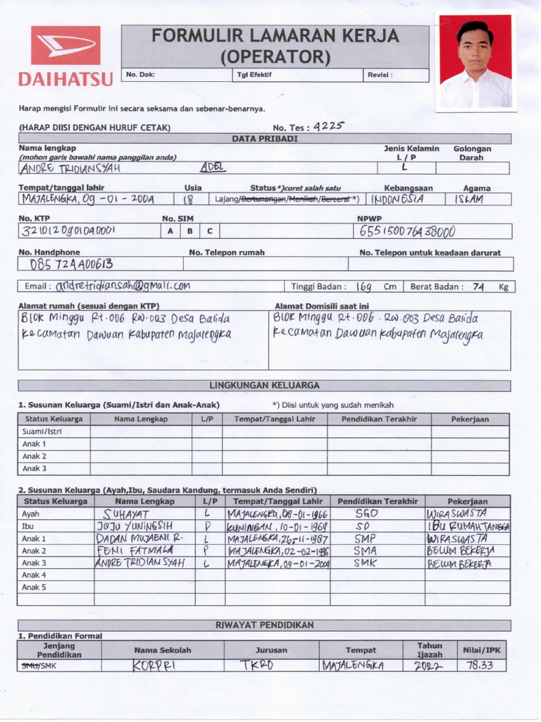Formulir Lamaran Daihatsu Andre Tridiansyah | PDF
