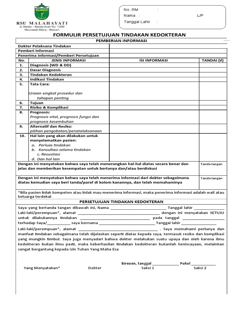 Form Persetujuan Tindakan Kedokteran Dan Anestasi | PDF | Kesehatan ...