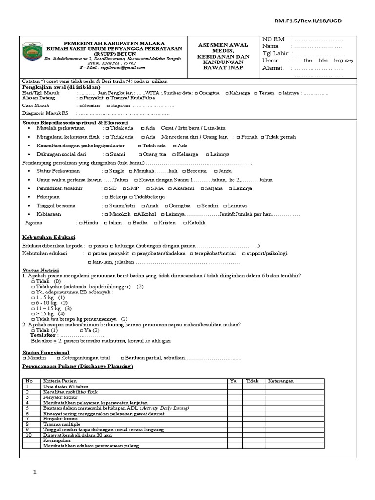 Asesmen Awal Kebidanan Medis Dan Kebidanan Ranap | PDF