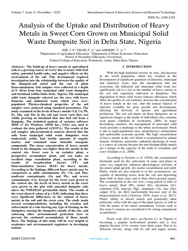 Analysis of The Uptake and Distribution of Heavy Metals in Sweet Corn ...