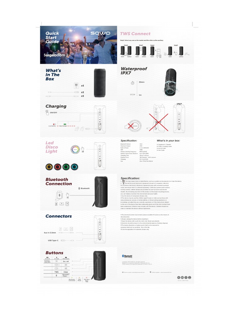 Sowo Surgeboom 2 25w Bluetooth Speaker User Guide | PDF