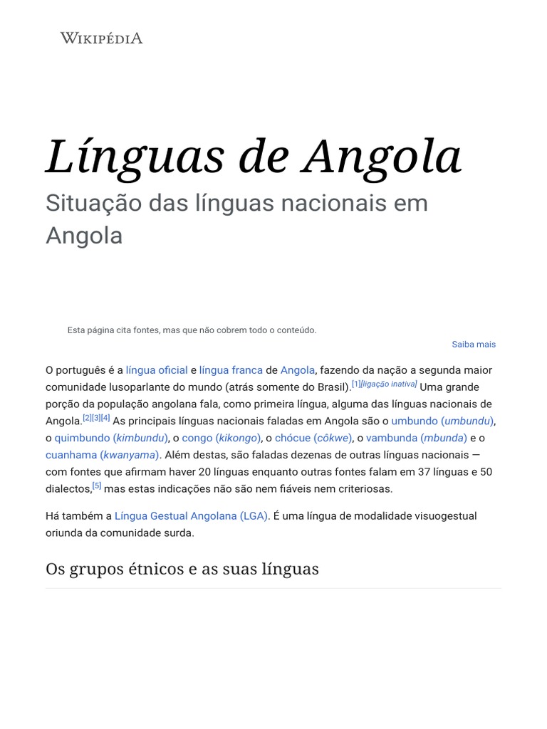Línguas de Angola - Wikipédia, A Enciclopédia Livre | PDF | Angola ...