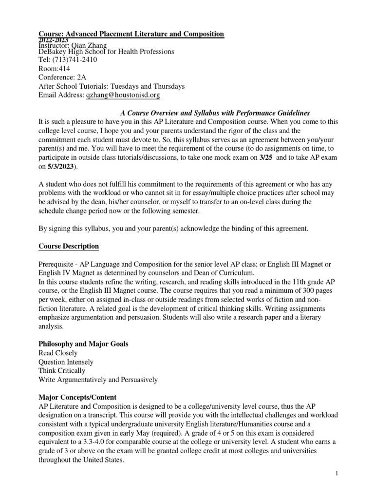 AP Literature and Composition Course Syllabus | PDF | Test (Assessment ...