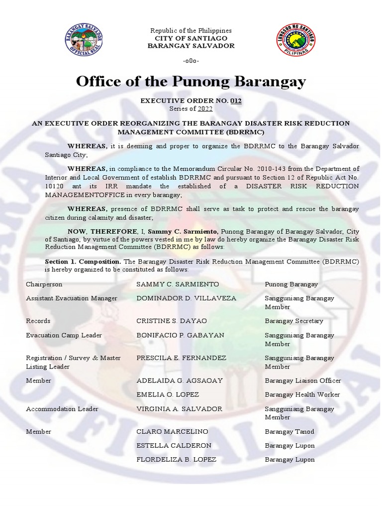 Executive Order No. 012 S. 2022 - REORGANIZING THE BARANGAY DISASTER ...