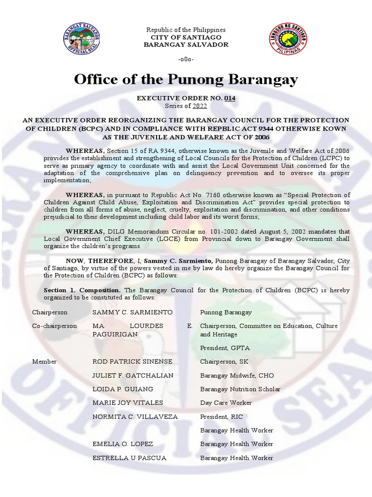 Executive Order No. 014 S. 2022 - REORGANIZING THE BARANGAY COUNCIL FOR ...
