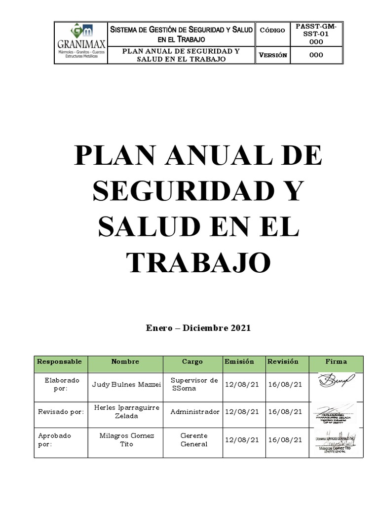 Plan Anual de Seguridad y Salud en El Trabajo Granimax Servicios Generales Sac | PDF | Valores ...