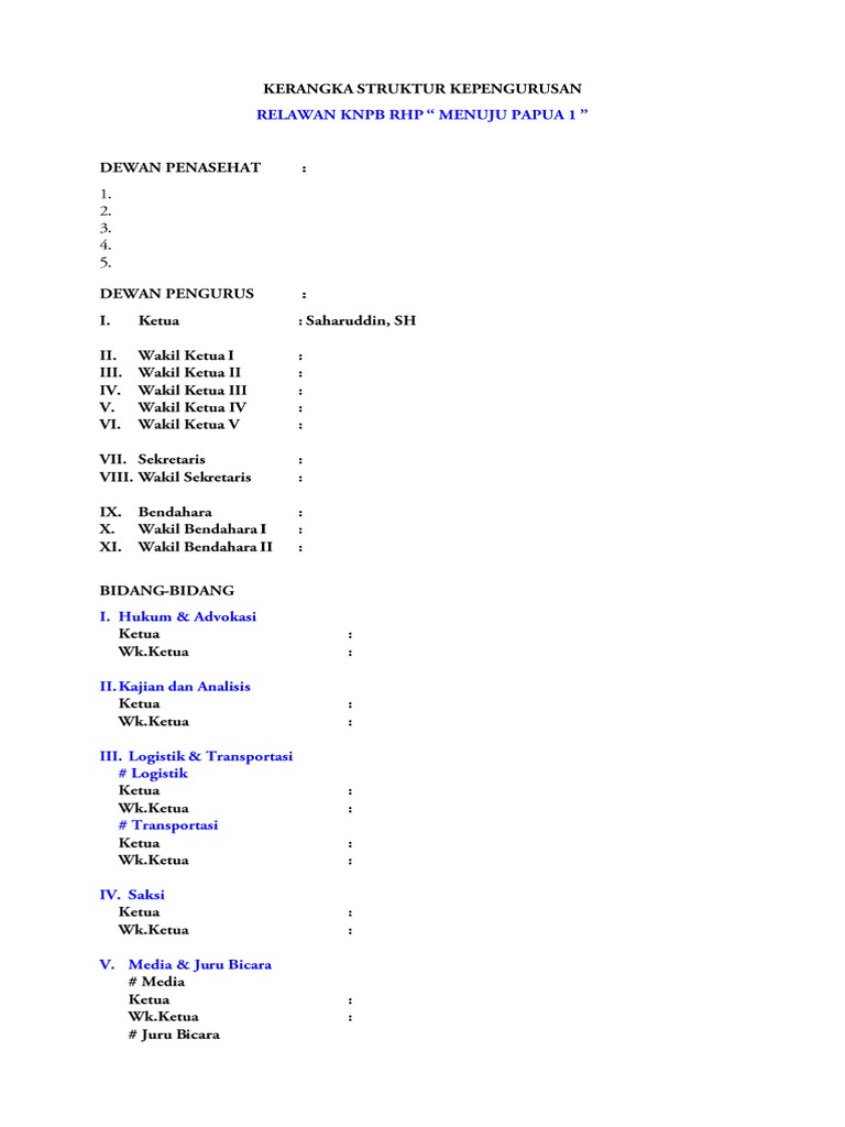 Kerangka Struktur Kepengurusan Relawan KNPB RHP | PDF