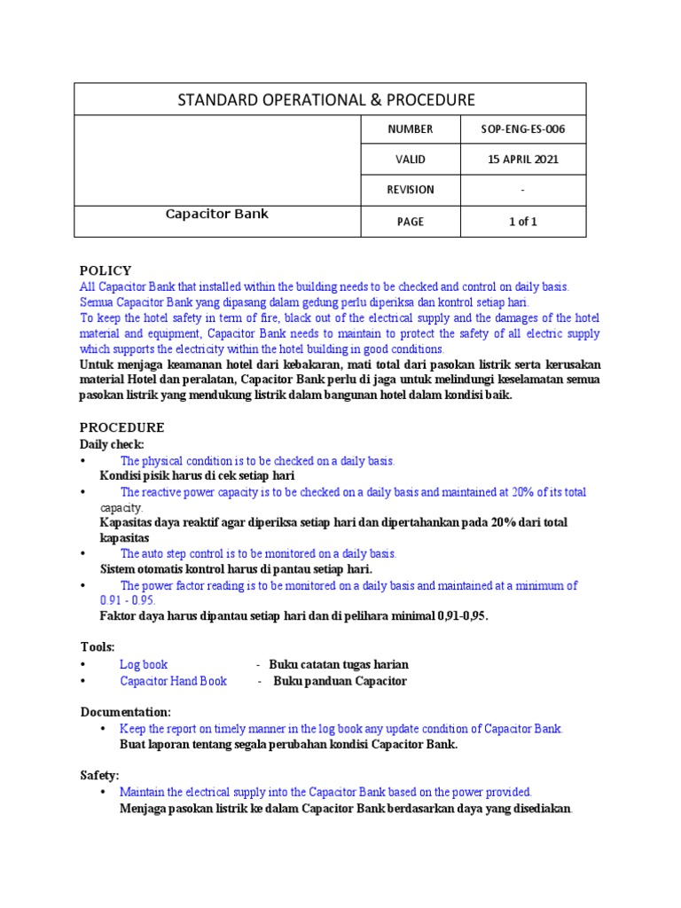 Sop Capasitor Bank | PDF | Quantity | Manufactured Goods