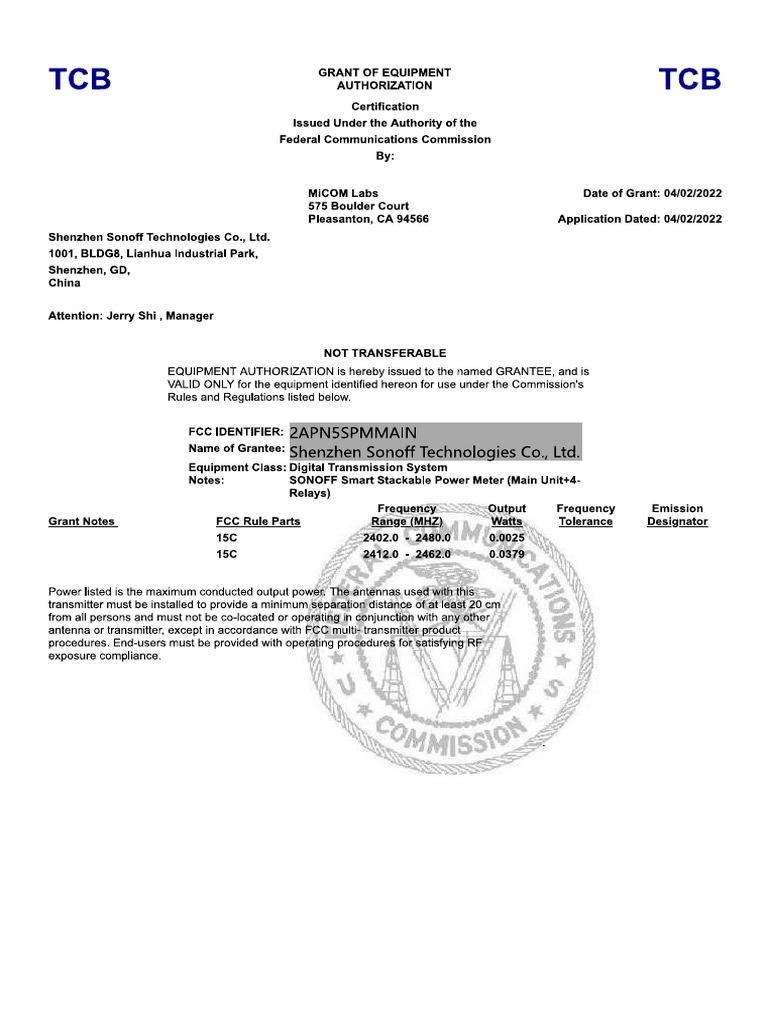 SONOFF SPM FCC ID Cert | PDF