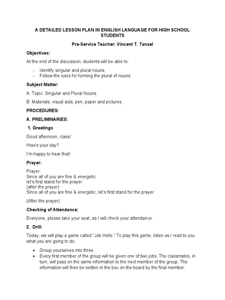Lesson Plan For Singular and Plural Nouns | PDF