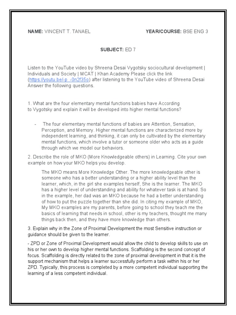 Vygotsky Sociocultural Development (APPLY) | PDF | Human Development ...