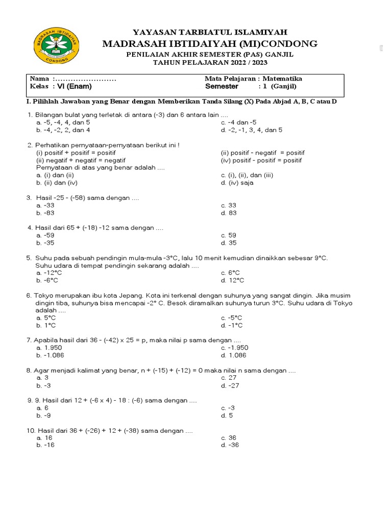 Soal PAS Matematika Kelas 6 Semester 1 Tahun 2019-2020 | PDF