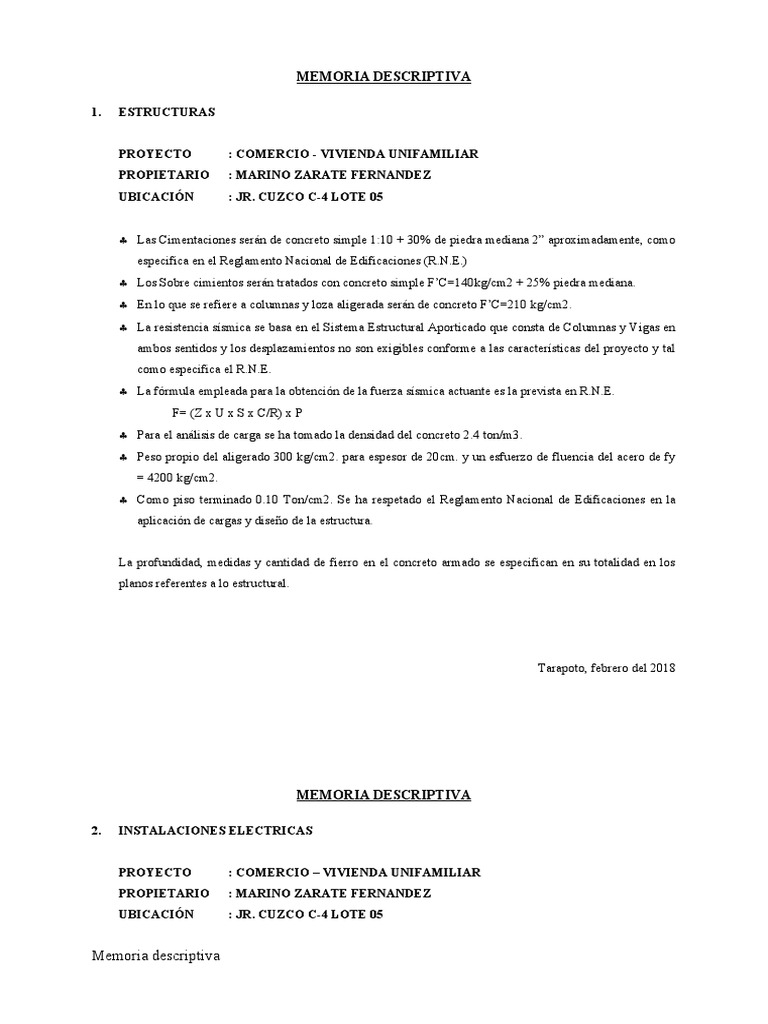 Memoria Descriptiva de Edificio Unifamiliar 4 Pisos | PDF | Hormigón | Fundación (Ingeniería)