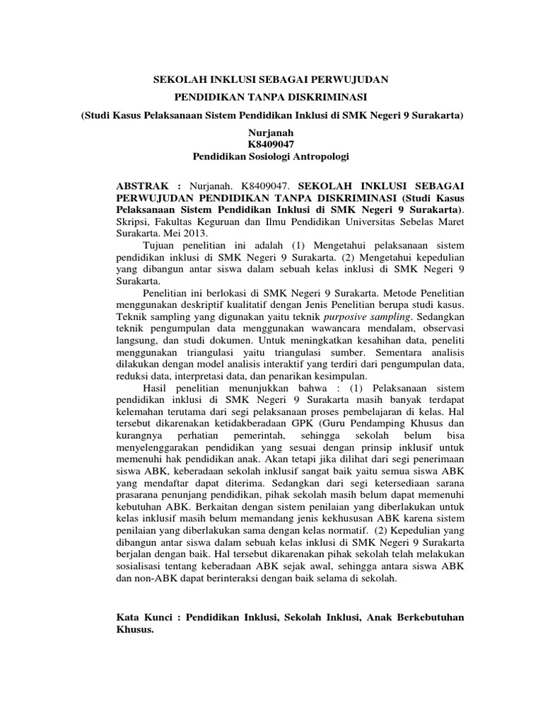 ID Sekolah Inklusi Sebagai Perwujudan Pendidikan Tanpa Diskriminasi Studi Kasus Pel | PDF