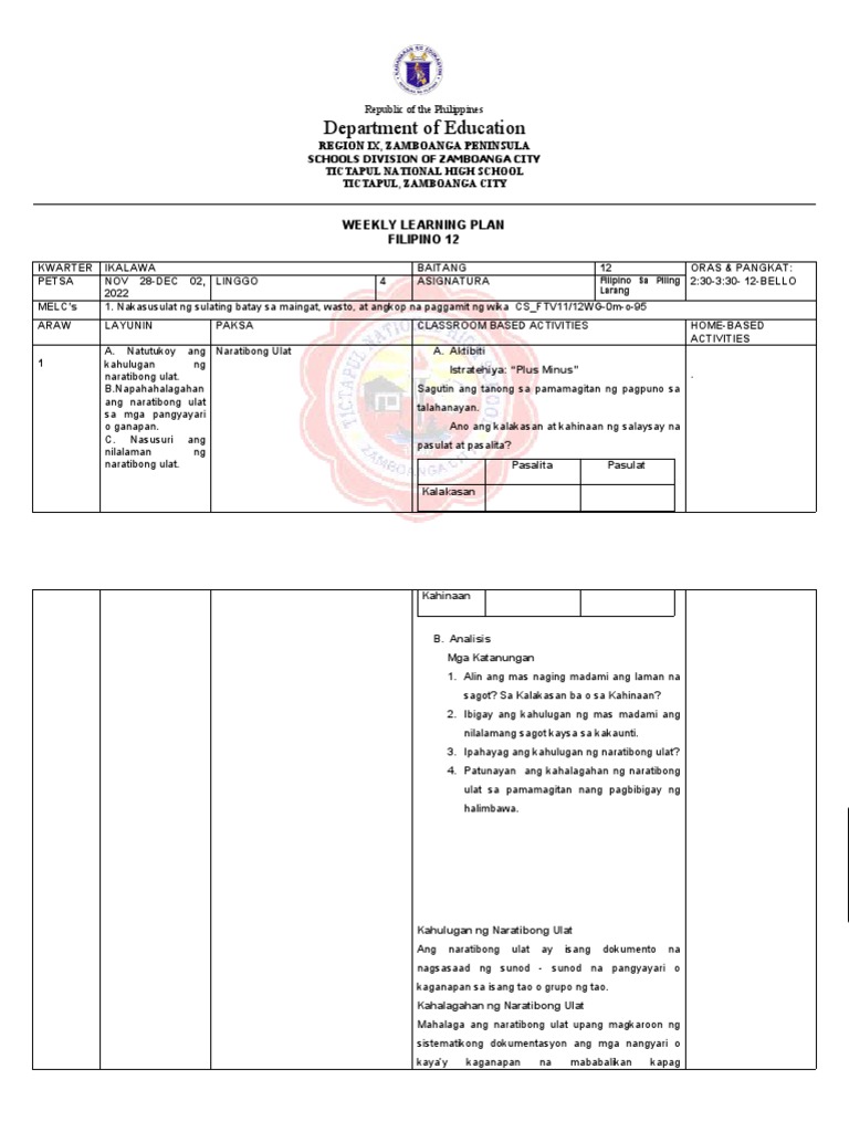Banghay Aralin Sa Filipino Sa Piling Larang | PDF
