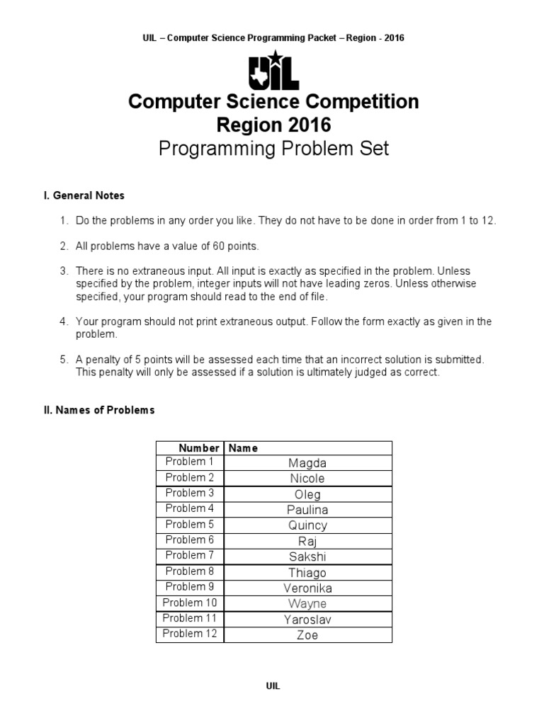 UIL 2016 Computer Science Problems | PDF | Decimal | Mass