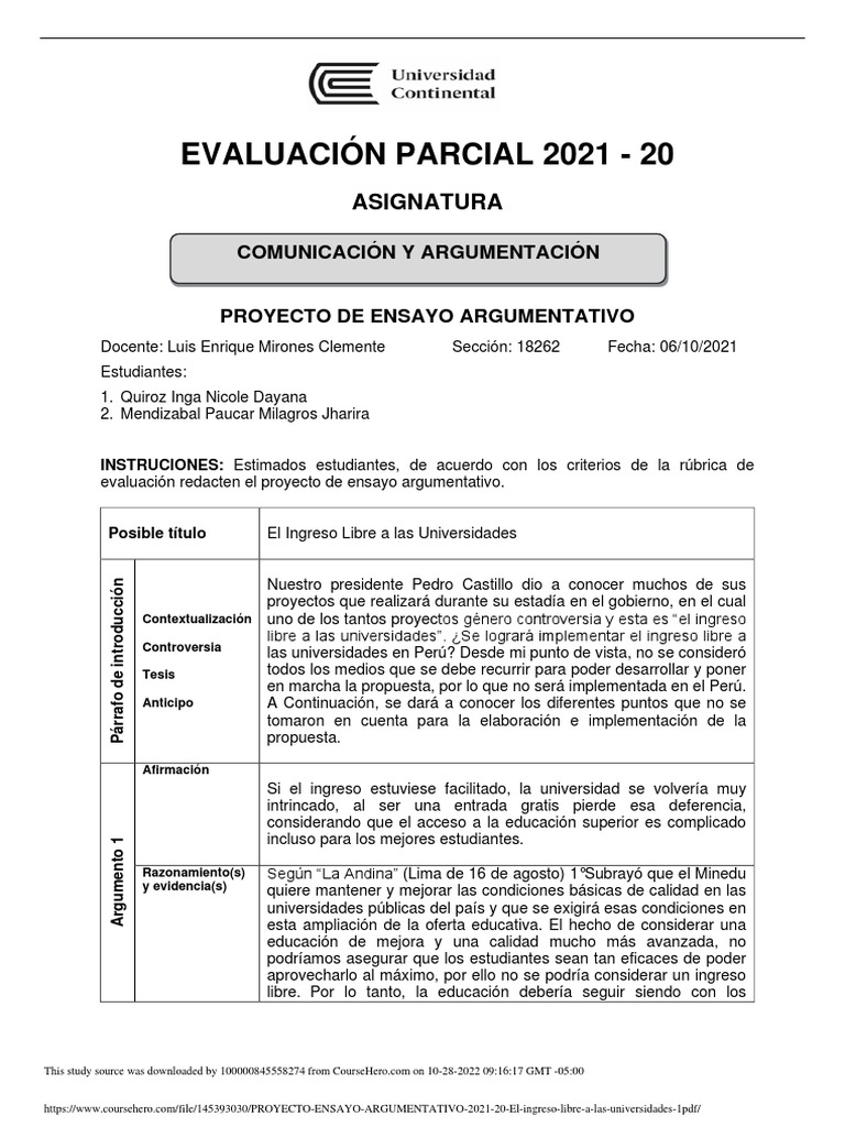 PROYECTO ENSAYO ARGUMENTATIVO 2021 20 El Ingreso Libre A Las ...
