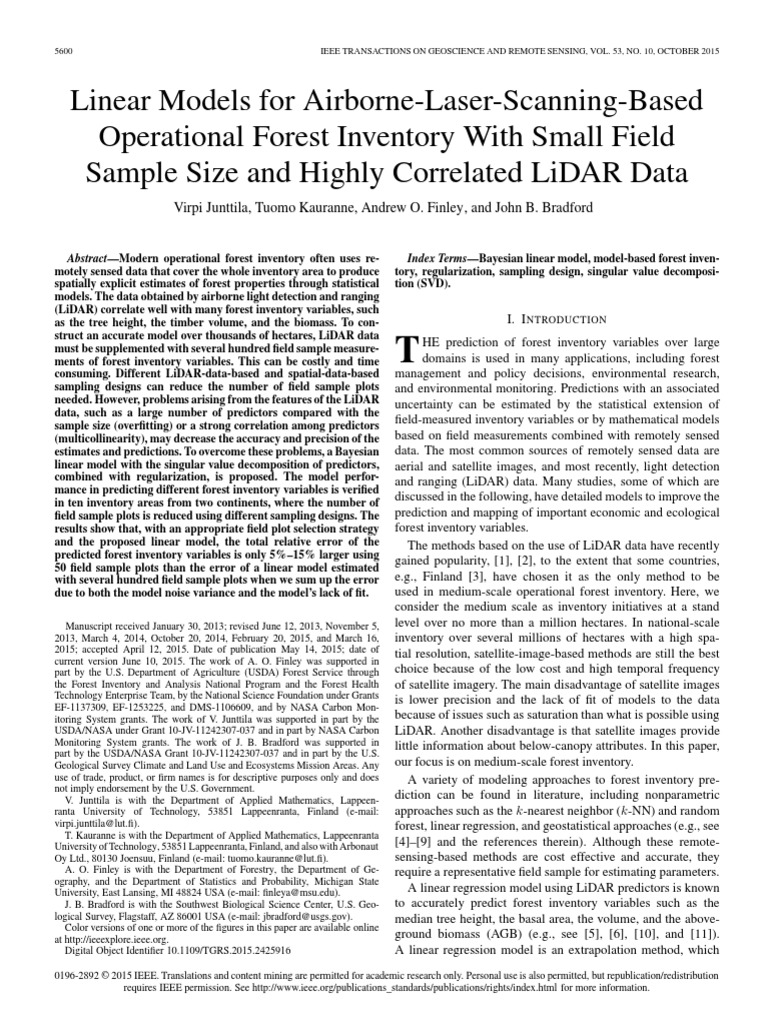Linear Models For Airborne-Laser-Scanning-Based Operational Forest Inventory With Small Field ...