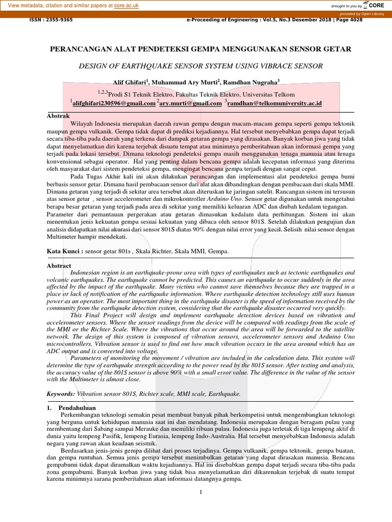 Design of Earthquake Sensor System Using Vibrace Sensor: Perancangan ...