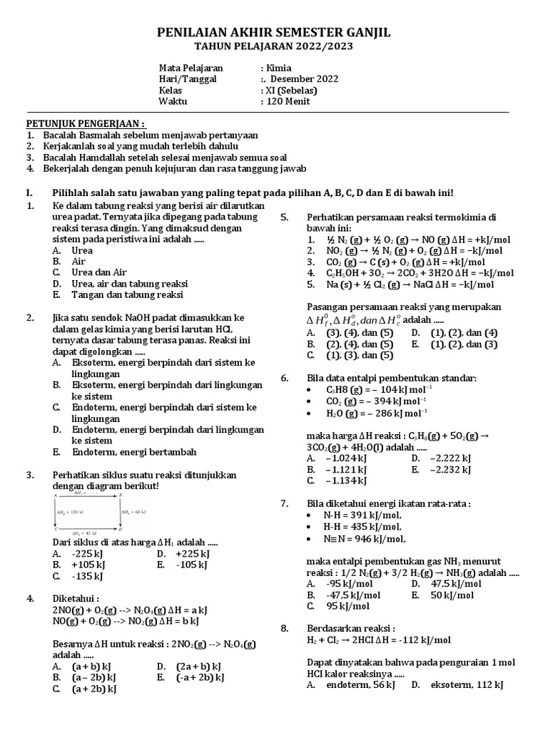 Soal UAS PAS Kimia Kelas 11 Semester 1 | PDF