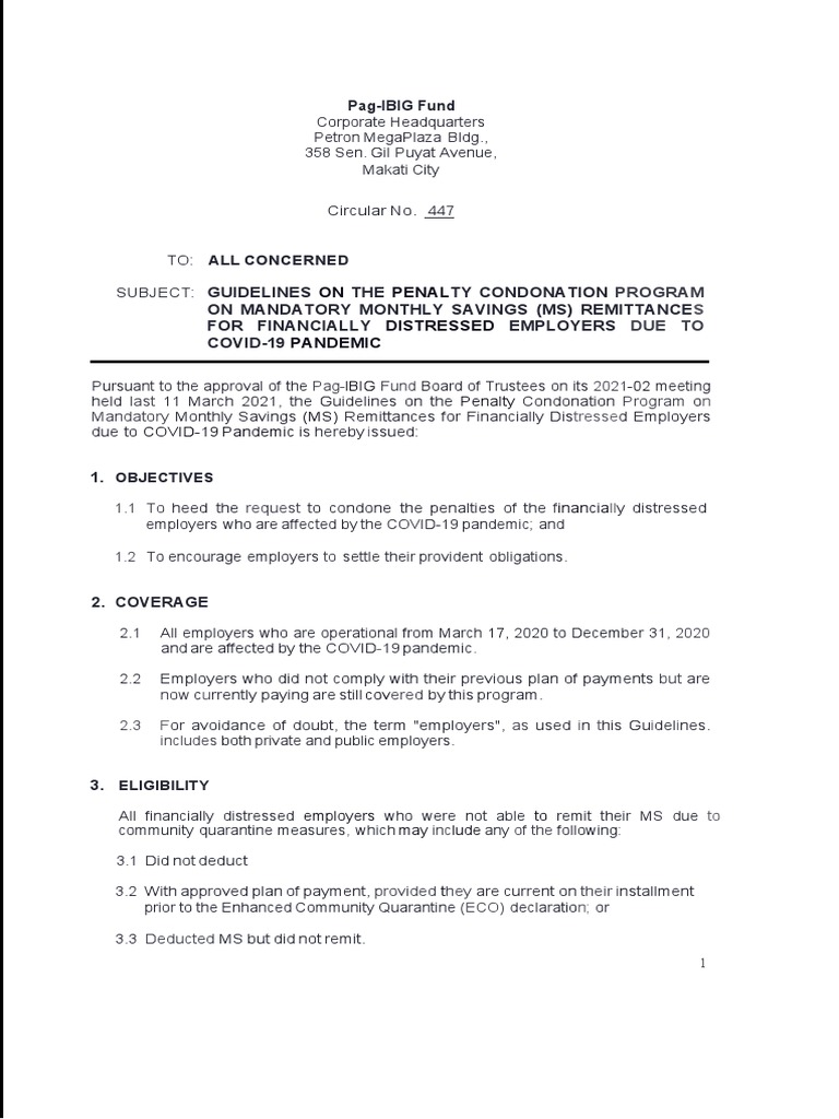 Circular No. 447 - Guidelines On The Penalty Condonation Program On Mandatory MS Remittance Due ...