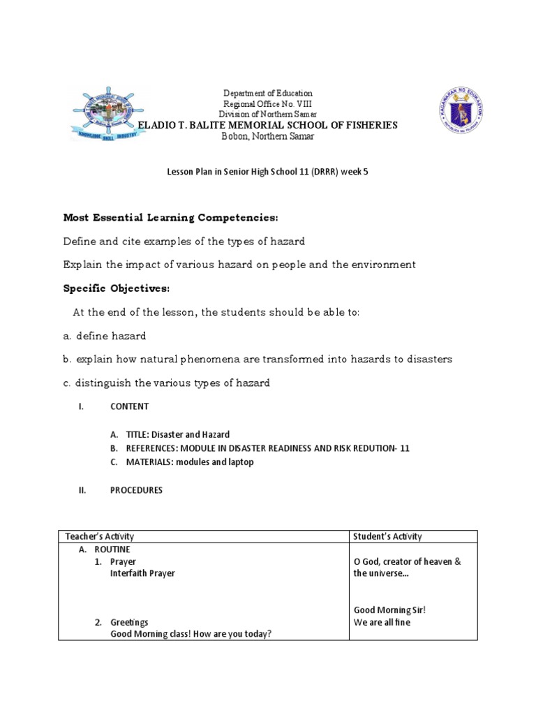 DRRR Lesson Plan Week5 | PDF | Hazards | Natural Hazards