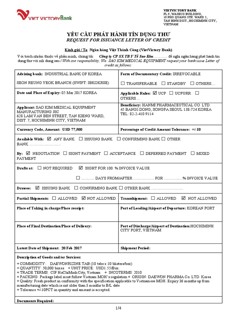 LC Application SAO KIM-fixed | Download Free PDF | Cargo | Trade