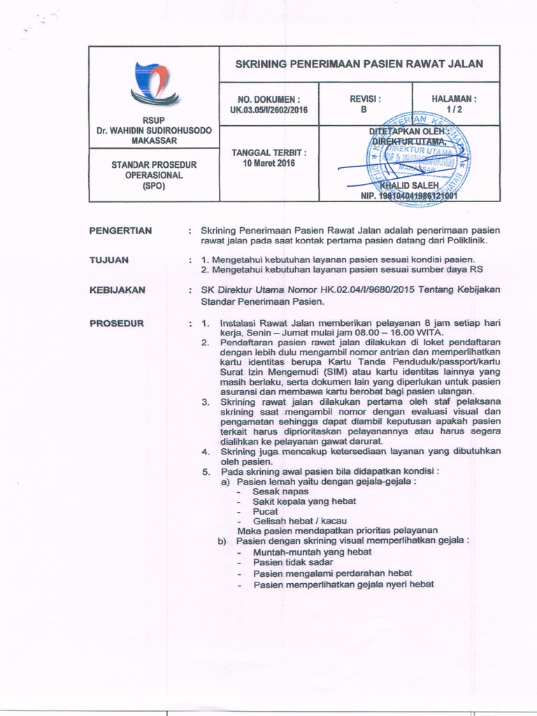 SPO Skrining Penerimaan Pasien Rawat Jalan | PDF