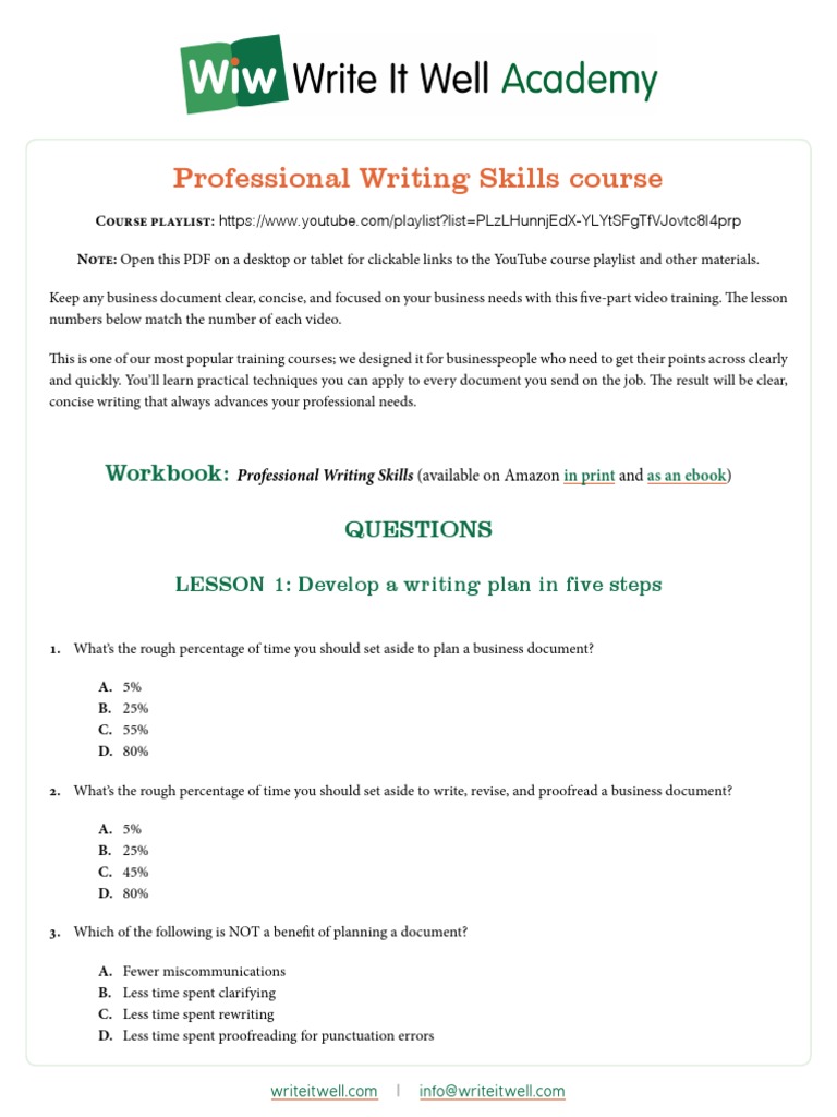 Professional Writing Skills Handout © Write It Well Academy | PDF ...