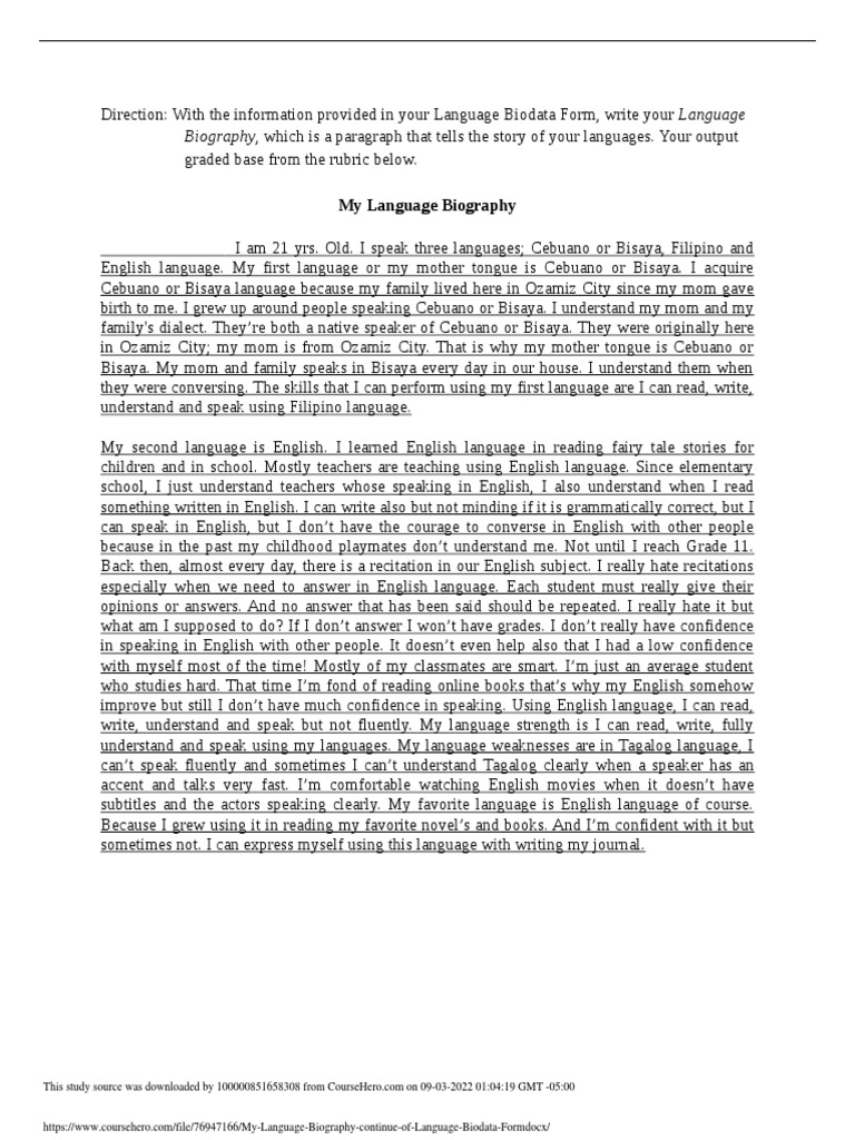 My Language Biography Continue of Language Biodata Form | PDF | English ...