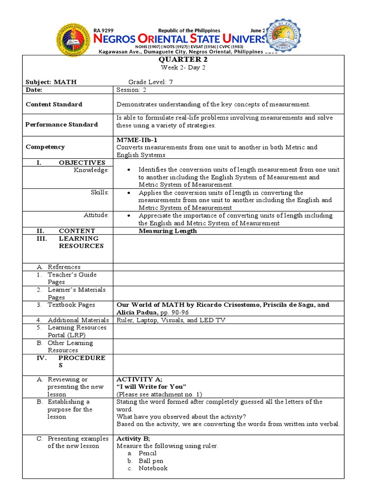 Lesson Plan - Measurement of Length | PDF | Foot (Unit) | Learning