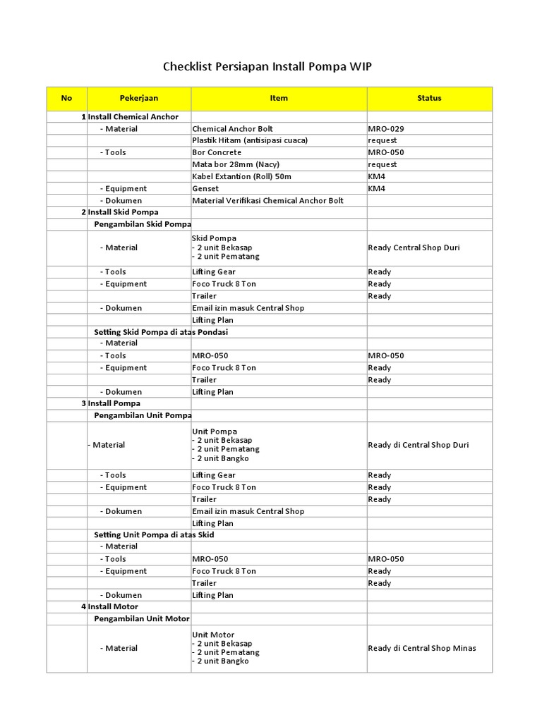 Checklist Persiapan Install Pompa | PDF | Civil Engineering | Transport