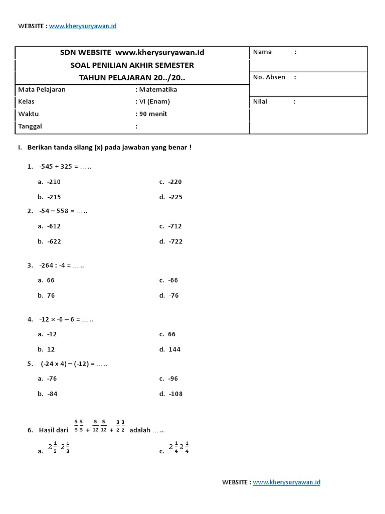 SOAL& Jawaban PAS MTK KLS 6 K-13 Ver. 1 - WEBSITE WWW - Kherysuryawan.id) | PDF