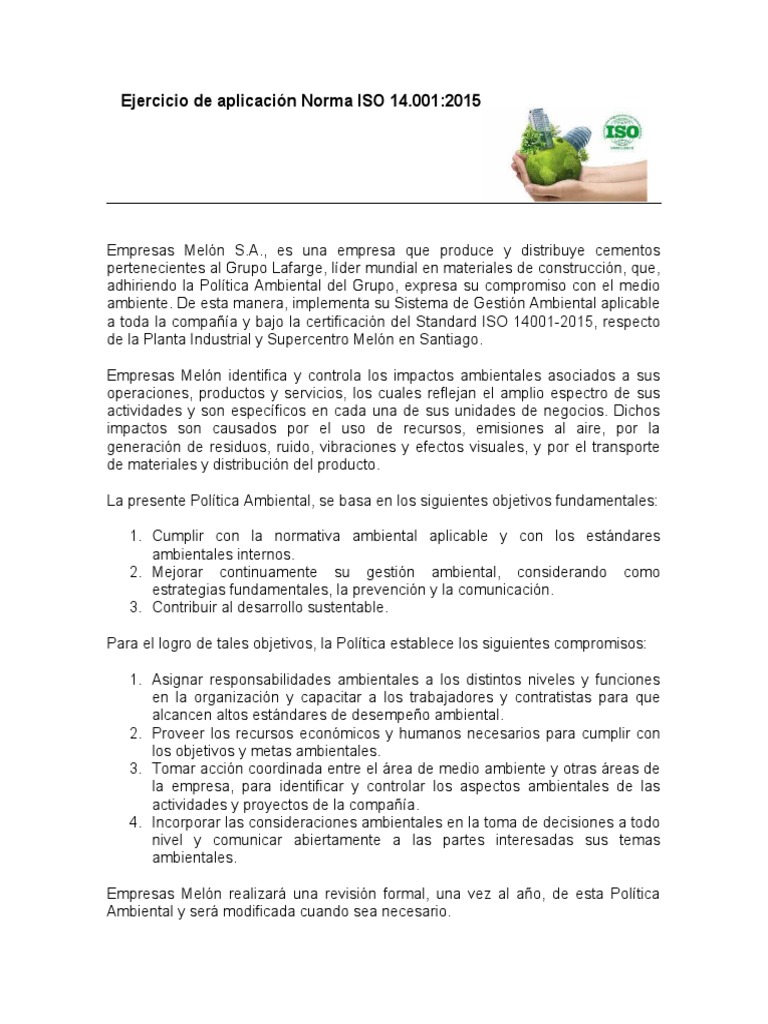 Ejercicio de Aplicacion Norma ISO 14001-2015 | PDF | Entorno natural | Business