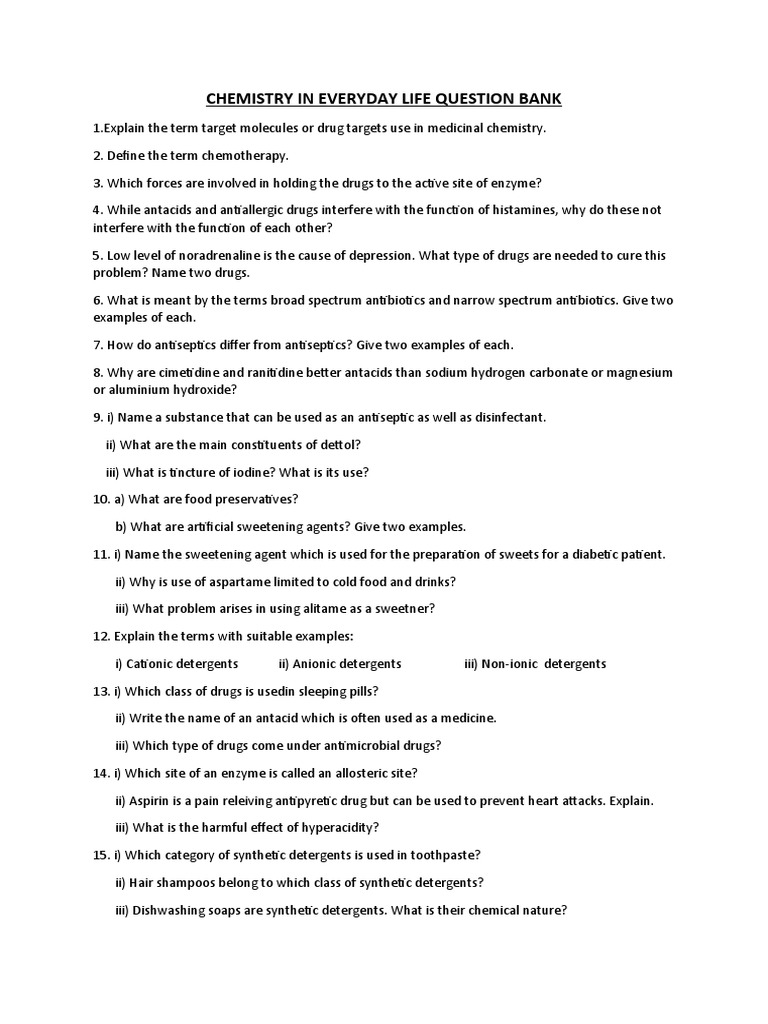 Chemistry in Everyday Life Question Bank | PDF | Detergent | Sugar ...