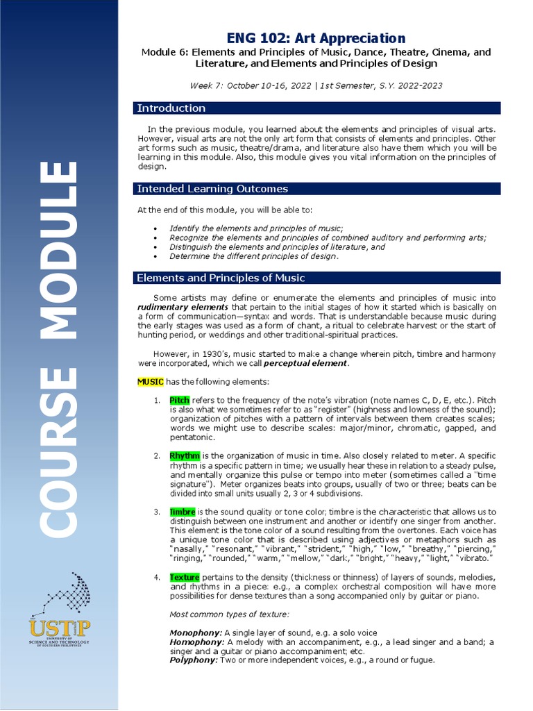 Module 6B Art App Elements and Principles of Music Dance Theatre Cinema ...