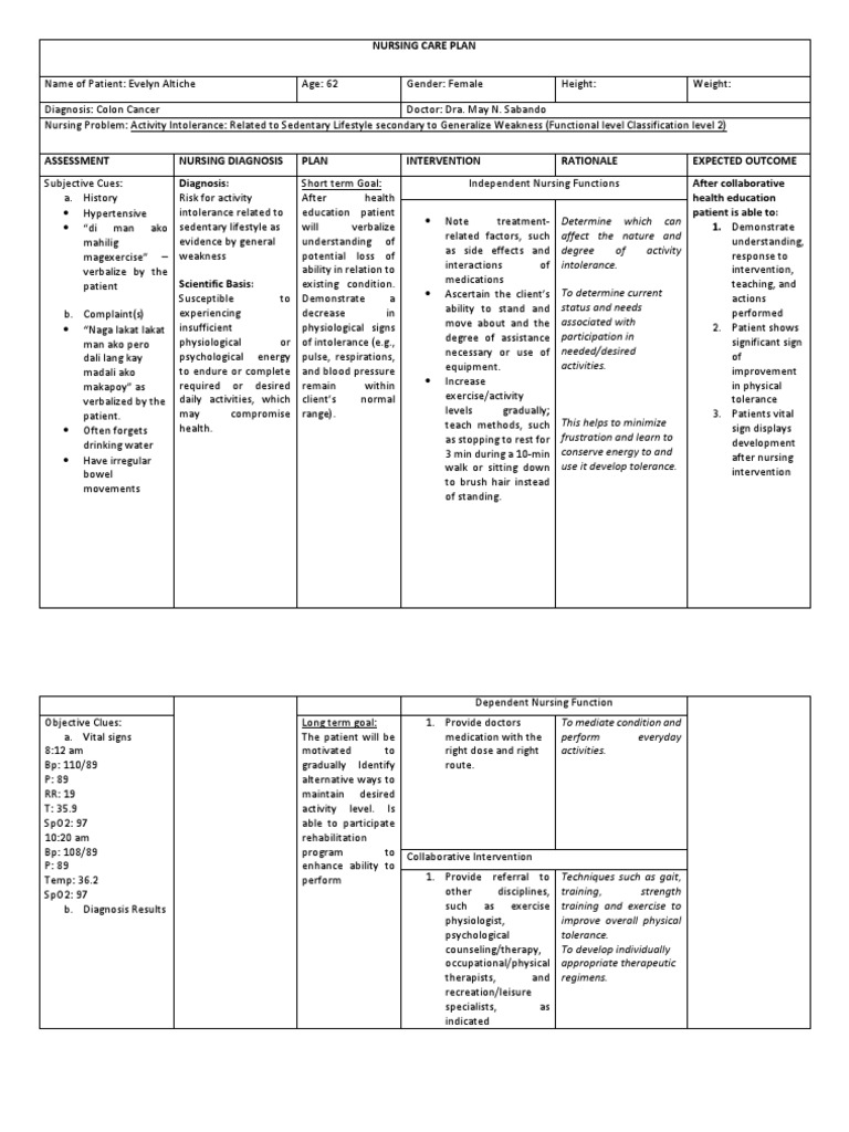 NURSING CARE PLAN (For Case Study) | PDF | Nursing | Physical Therapy