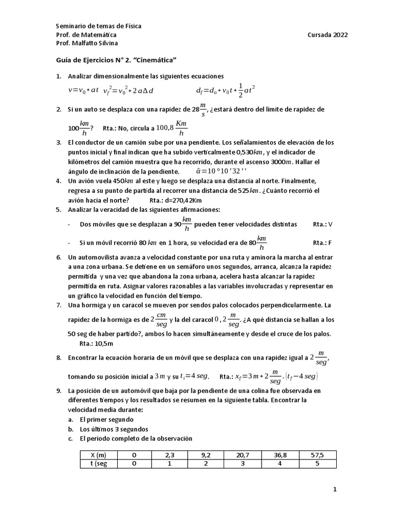 Guía de Ejercicios N°2 Cinemática Con Respuestas | PDF | Velocidad | Aceleración