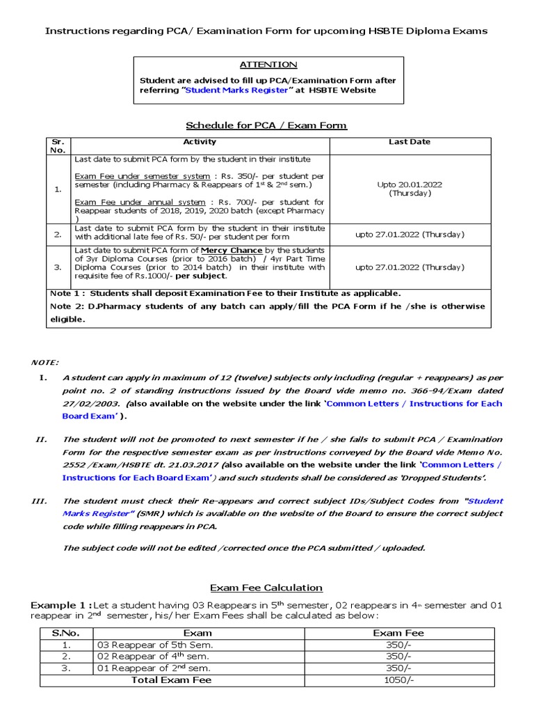 Instructions Regarding PCA Examination Form Feb 2022 | Download Free ...