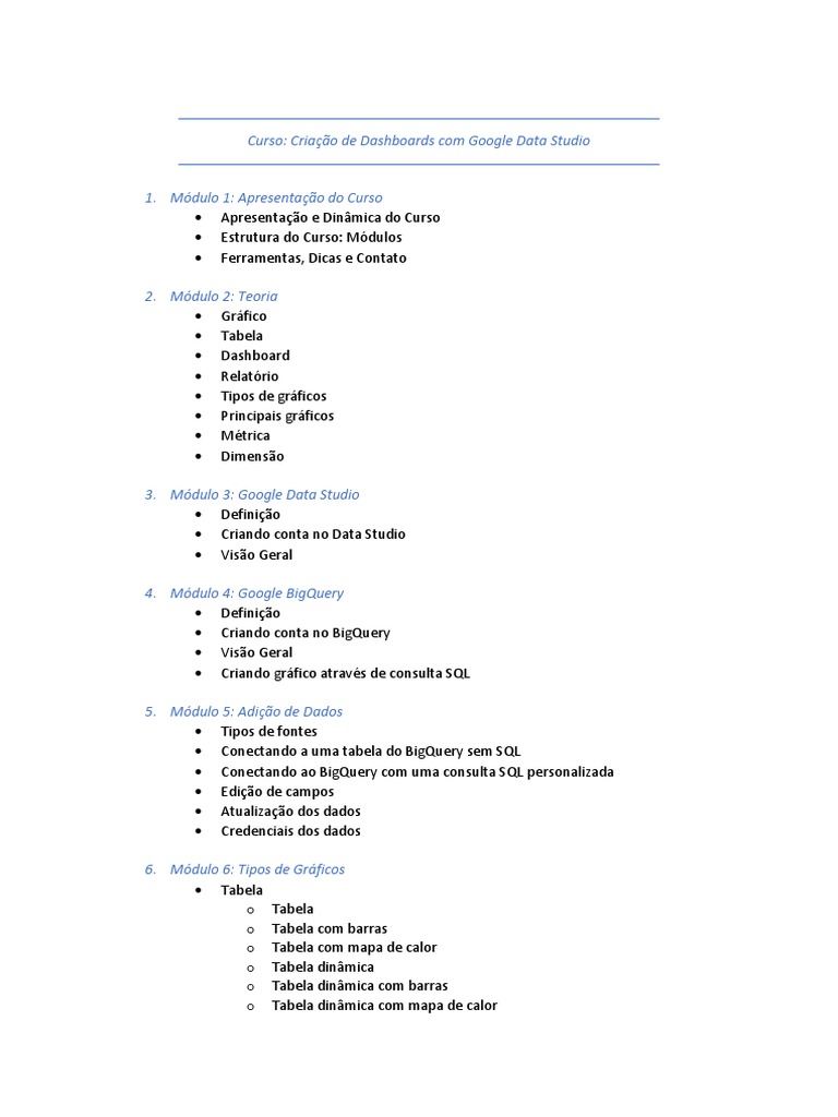 Conteúdo Do Curso Google Data Studio | PDF | Tabela (banco de dados) | SQL