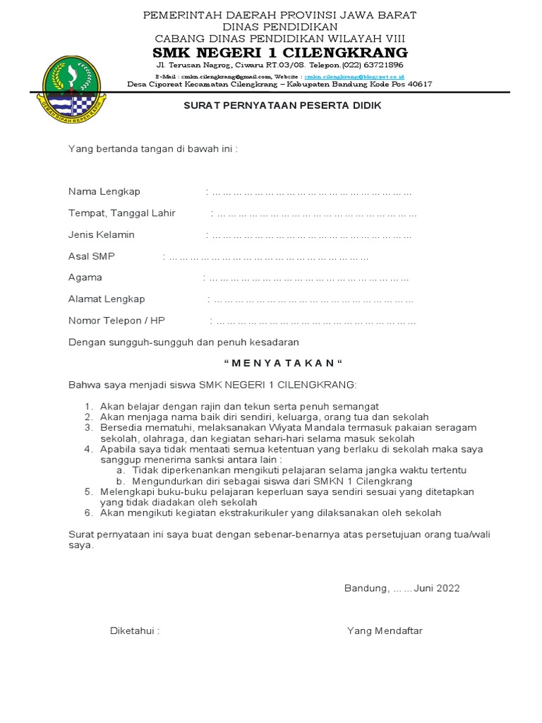 Surat Pernyataan Siswa PPDB | PDF