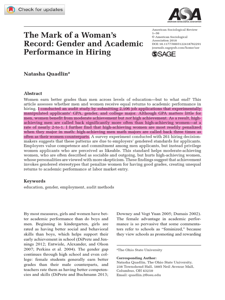 The Mark of A Women's Record Gender and Academic Performance in Hiring ...