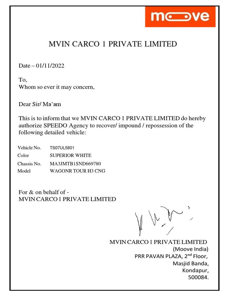 Mvin Carco 1 Private Limited: Vehicle No. Color Superior White Chassis ...