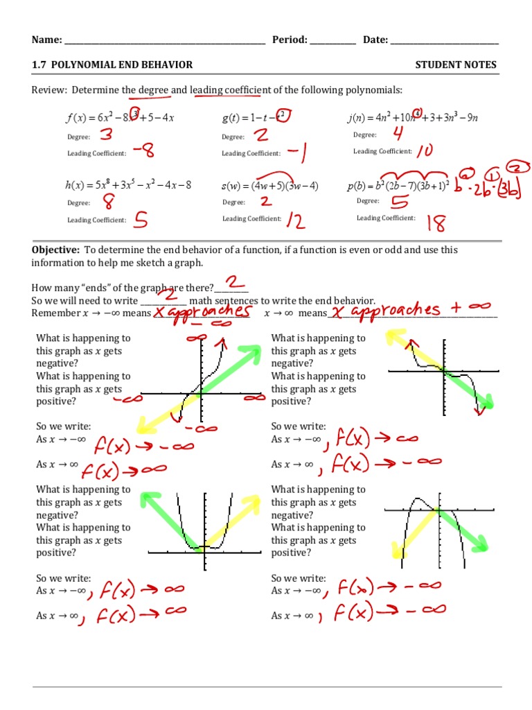 1.7 Polynomial End Behavior FILLED in | PDF | Zero Of A Function ...