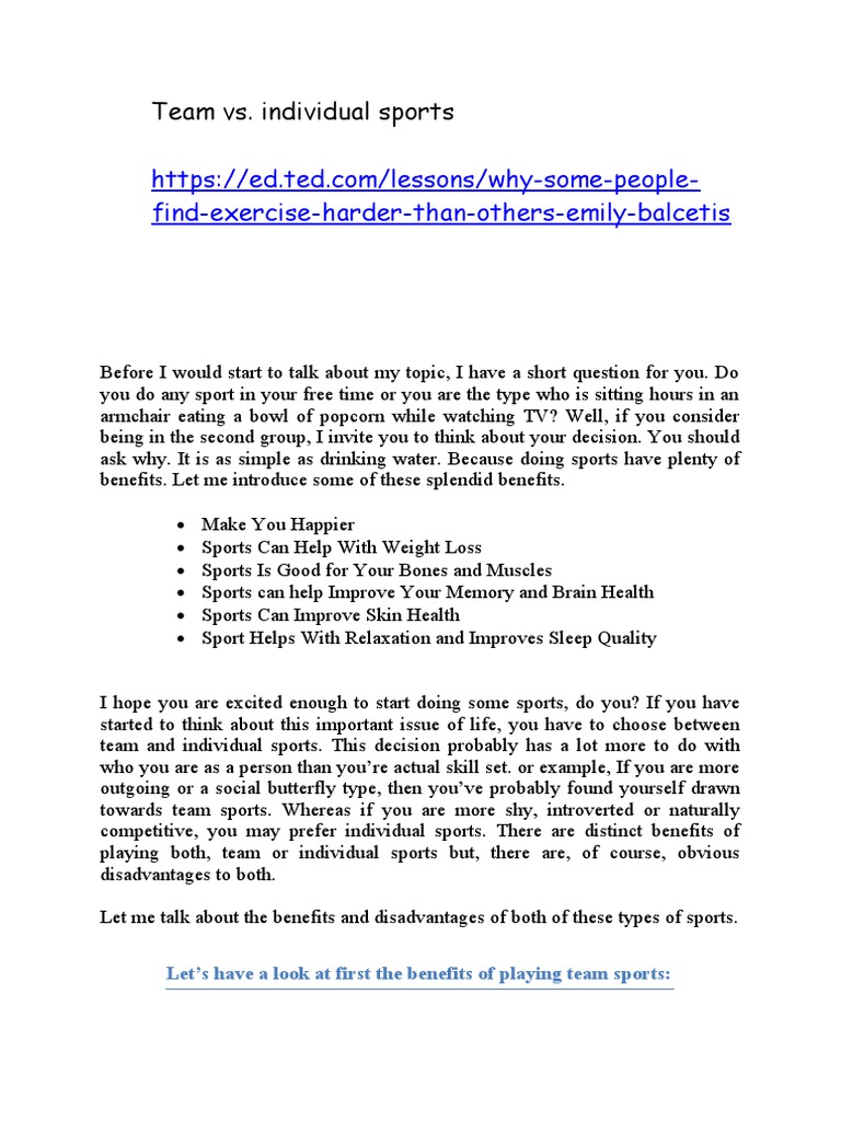 Team vs. Individual Sports Benefits | PDF | Sports | Psychology