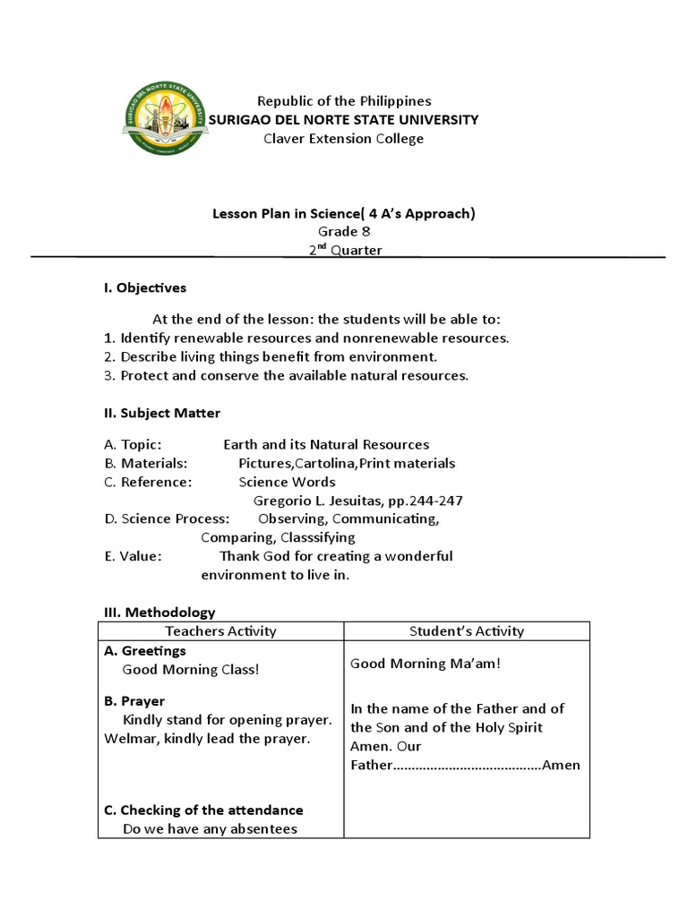 4 As's Lesson Plan | PDF | Natural Environment | Renewable Resources