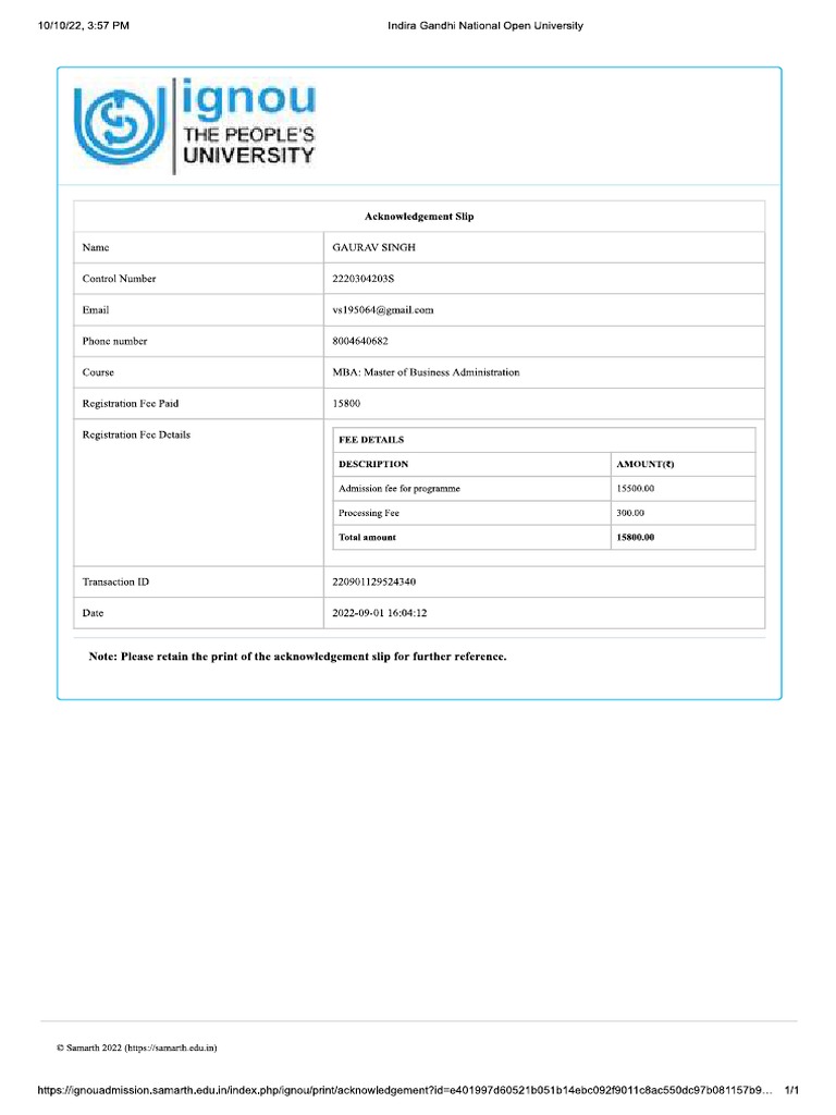 Ignou Fee Slip | PDF