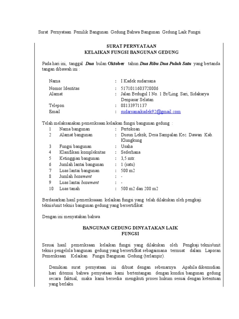 Surat Pernyataan Laik Fungsi Bangunan | PDF